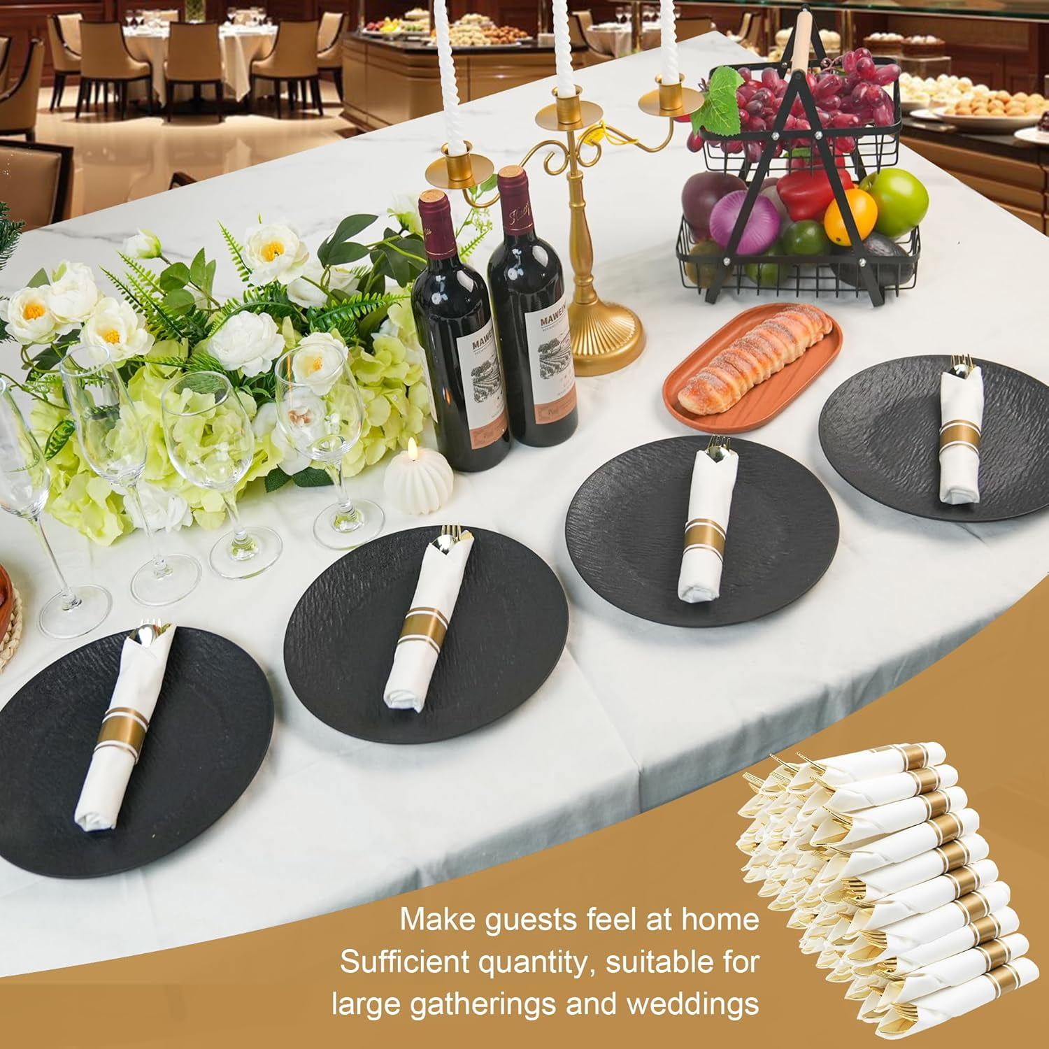 400 PCS Pre-Rolled Napkin and Cutlery Set, Gold Plastic Flatware Sets ...