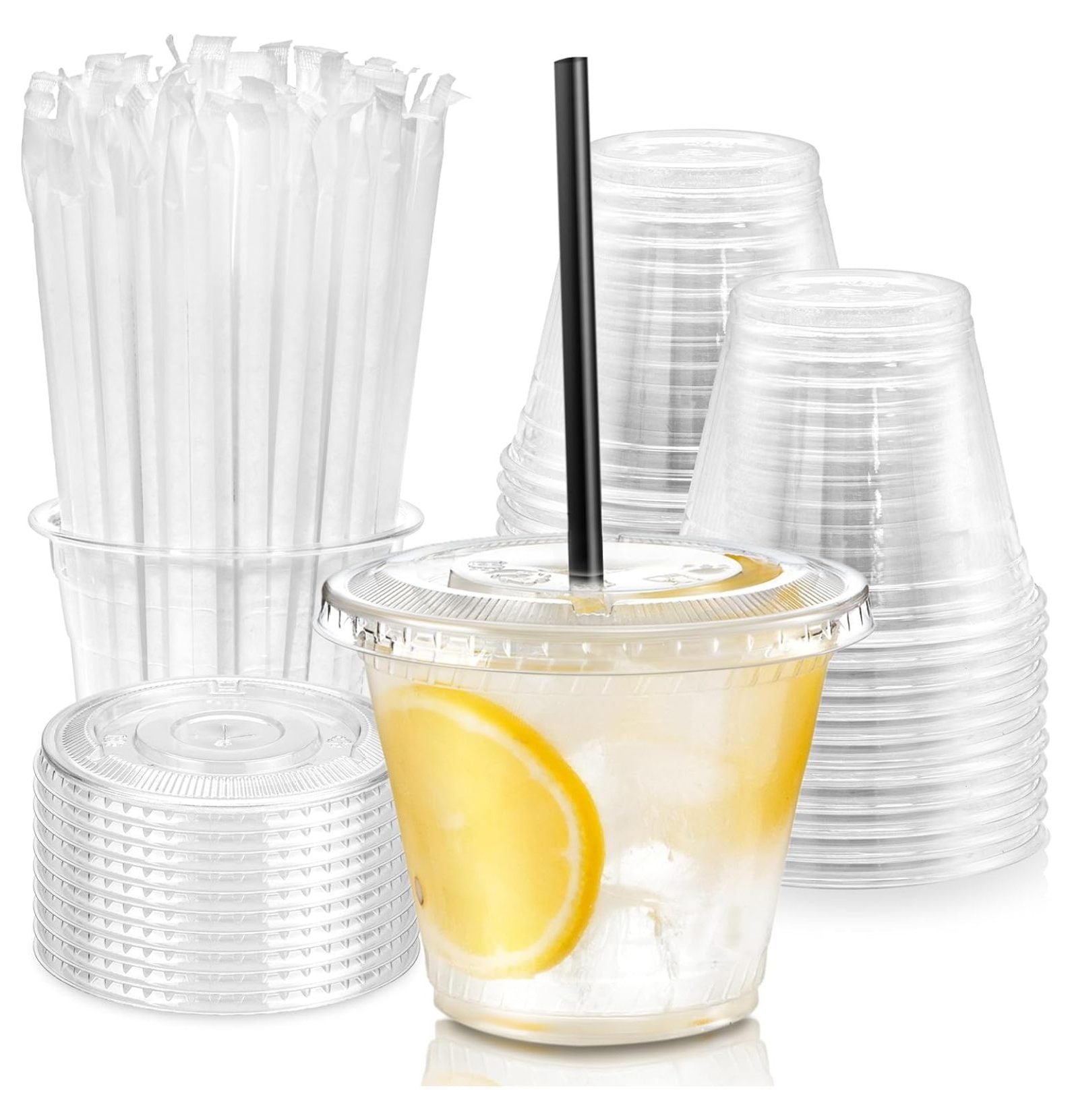 400 Pack 9 oz Plastic Iced Coffee Cups with Flat Lids and Black Straws ...
