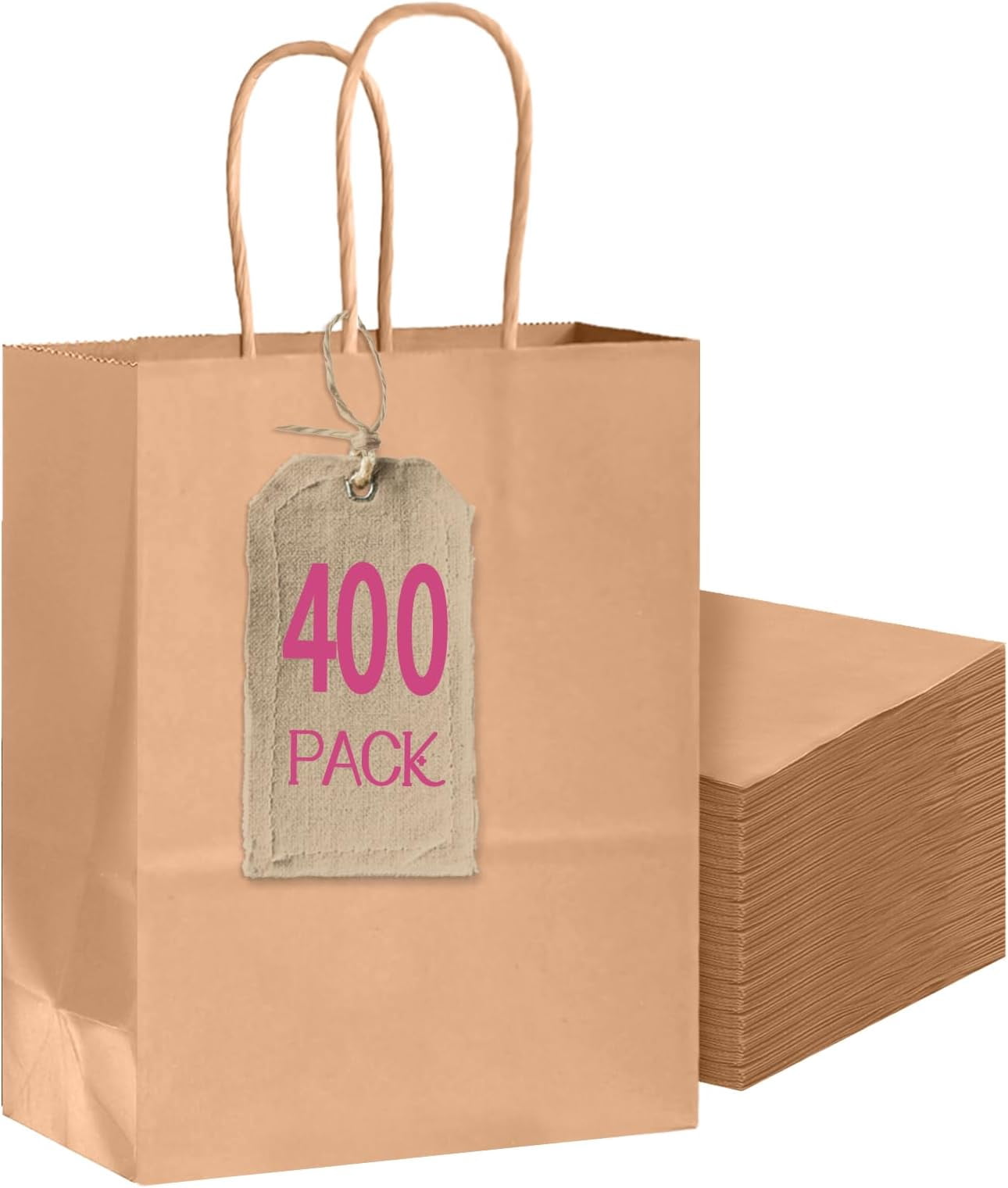400-Pack Medium Size Paper Bags with Handles Bulk 10.6"x8.3"x4.3" Brown ...