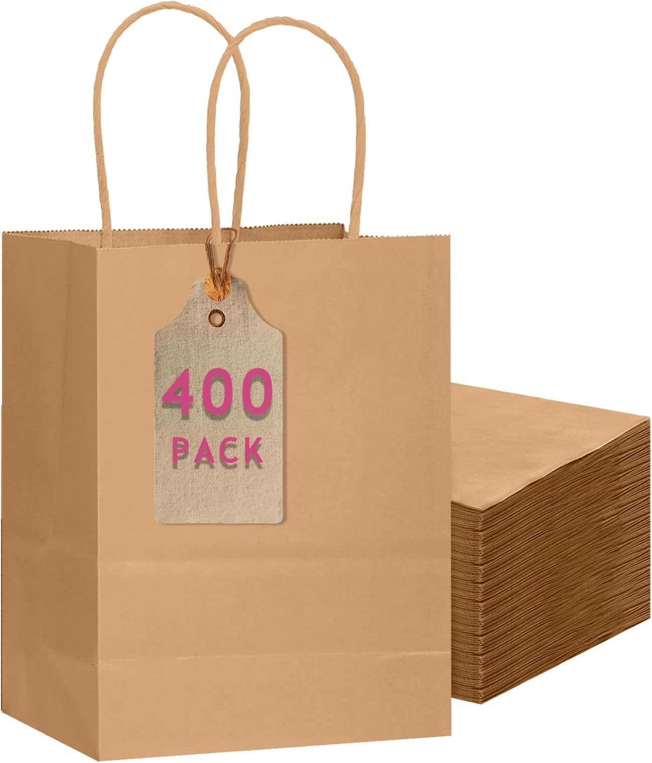 400-Packs Brown Paper Bags with Handles 10.6"x8.3"x4.3" Medium Size ...