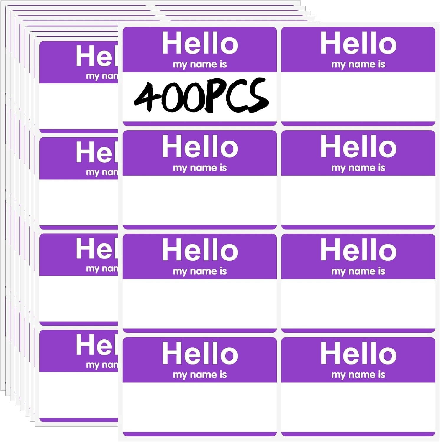 400 Pcs 3.5"×2.25" Purple "Hello My Name Is" Name Tag Stickers – Self ...