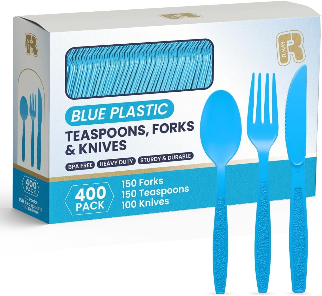 400 Pcs Blue Plastic Silverware Heavy Duty Blue Forks Spoons And Knives ...