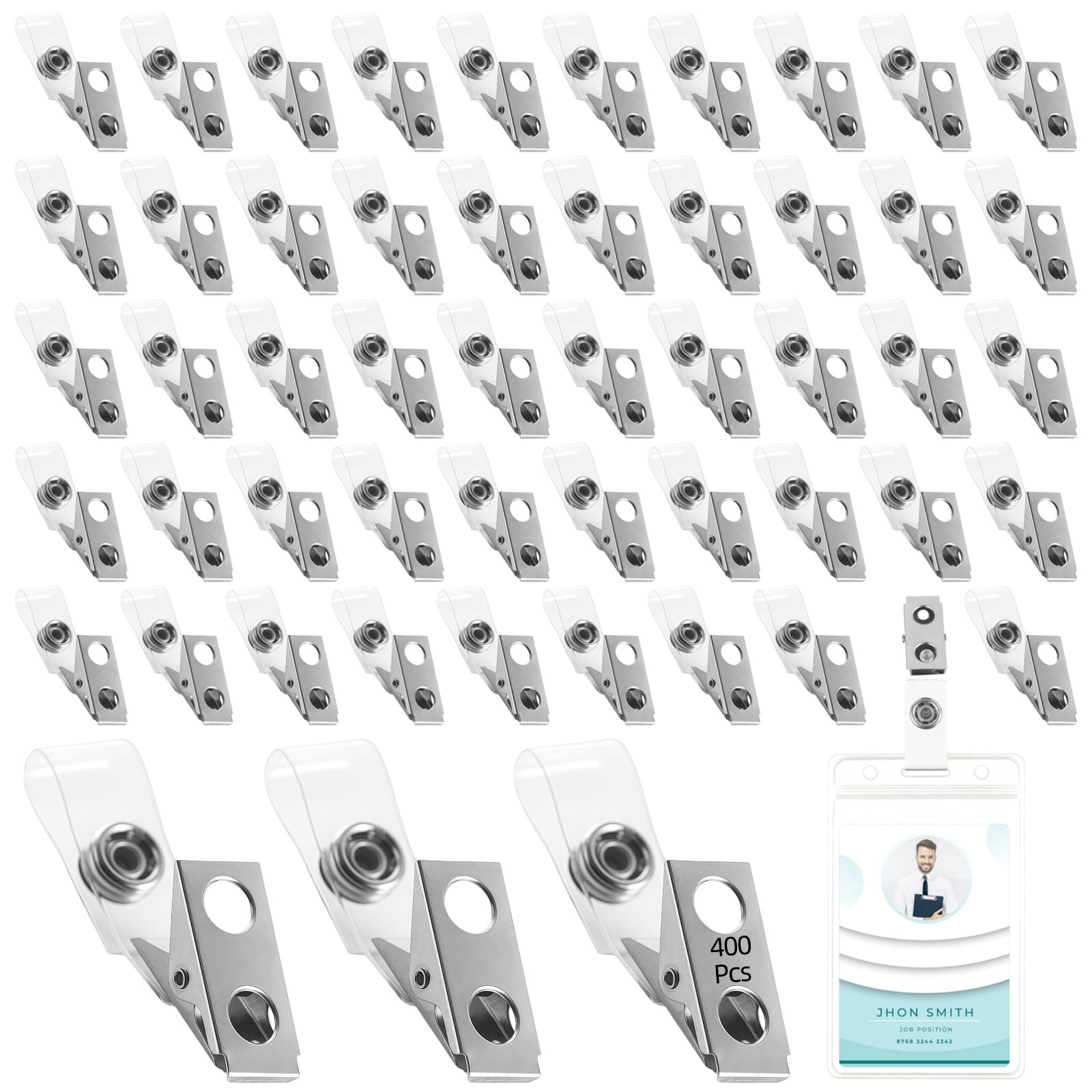 400 Pcs Metal Badge Clips with Clear PVC Straps, Double Hole ID Badge ...