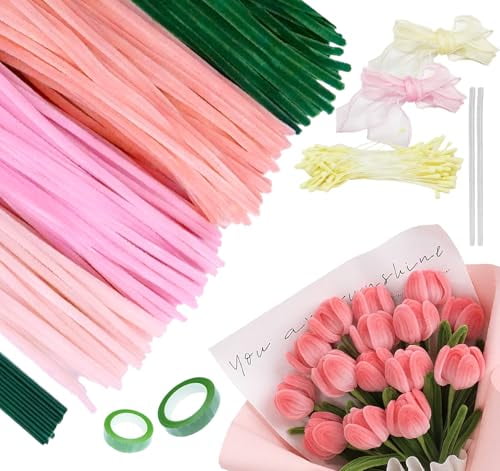 400 Pcs Pink Pipe Cleaners Craft, Colored Pipe Cleaner Flower Kit with ...