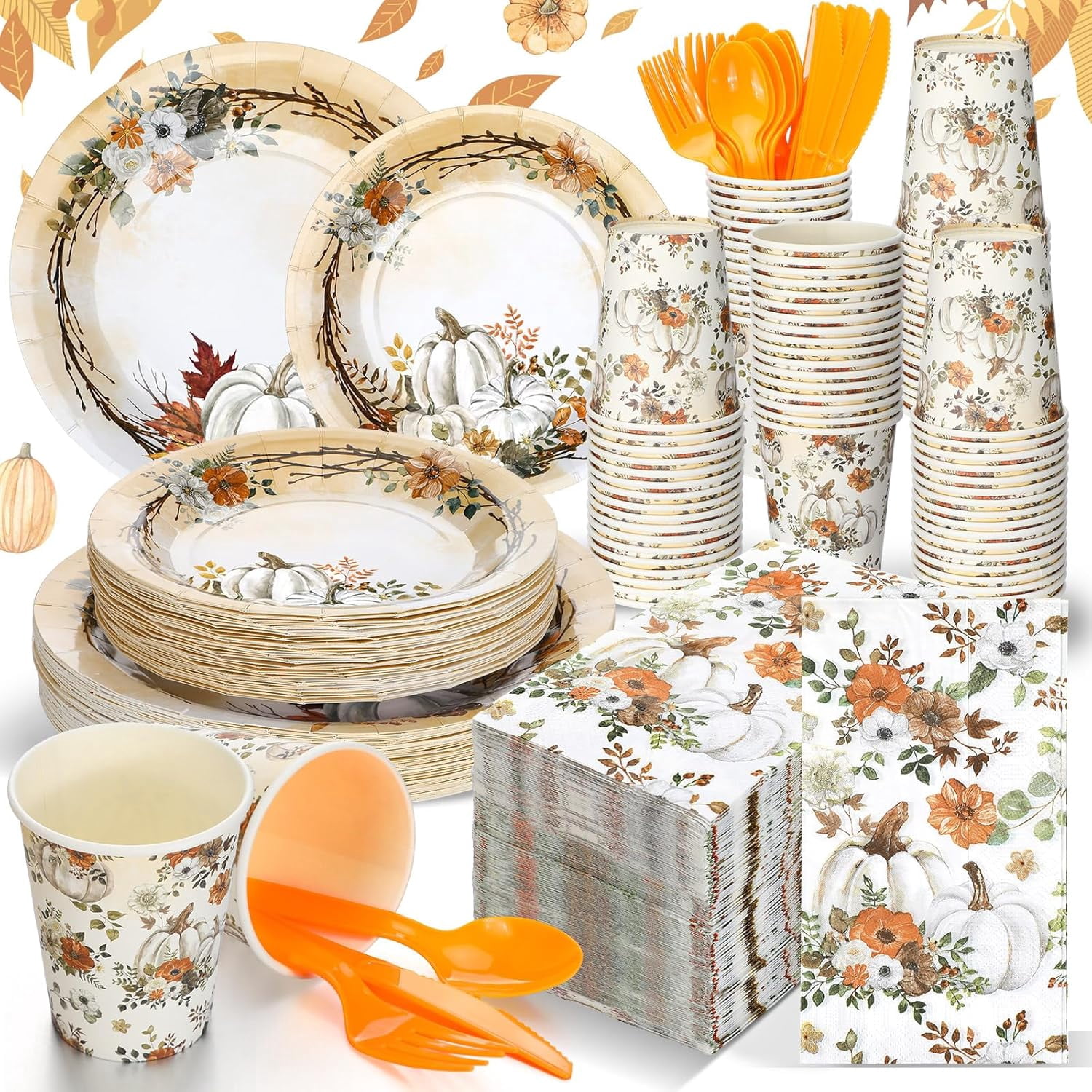 400 Pcs Thanksgiving Party Supplies Dinnerware for 50 Guest Fall Paper ...