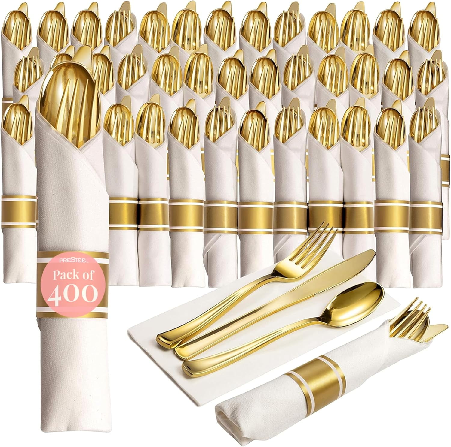 400 Piece Pre Rolled Gold Plastic Silverware Set for 100 Guests ...