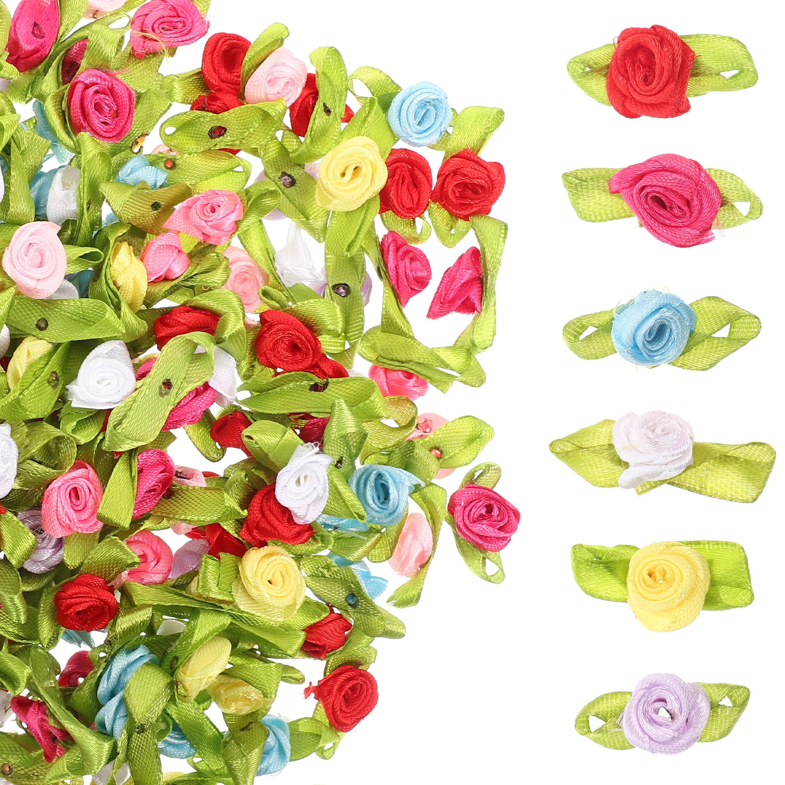 400 pcs Small Ribbon Roses Flowers with Leaf Craft Ornament for Sewing ...