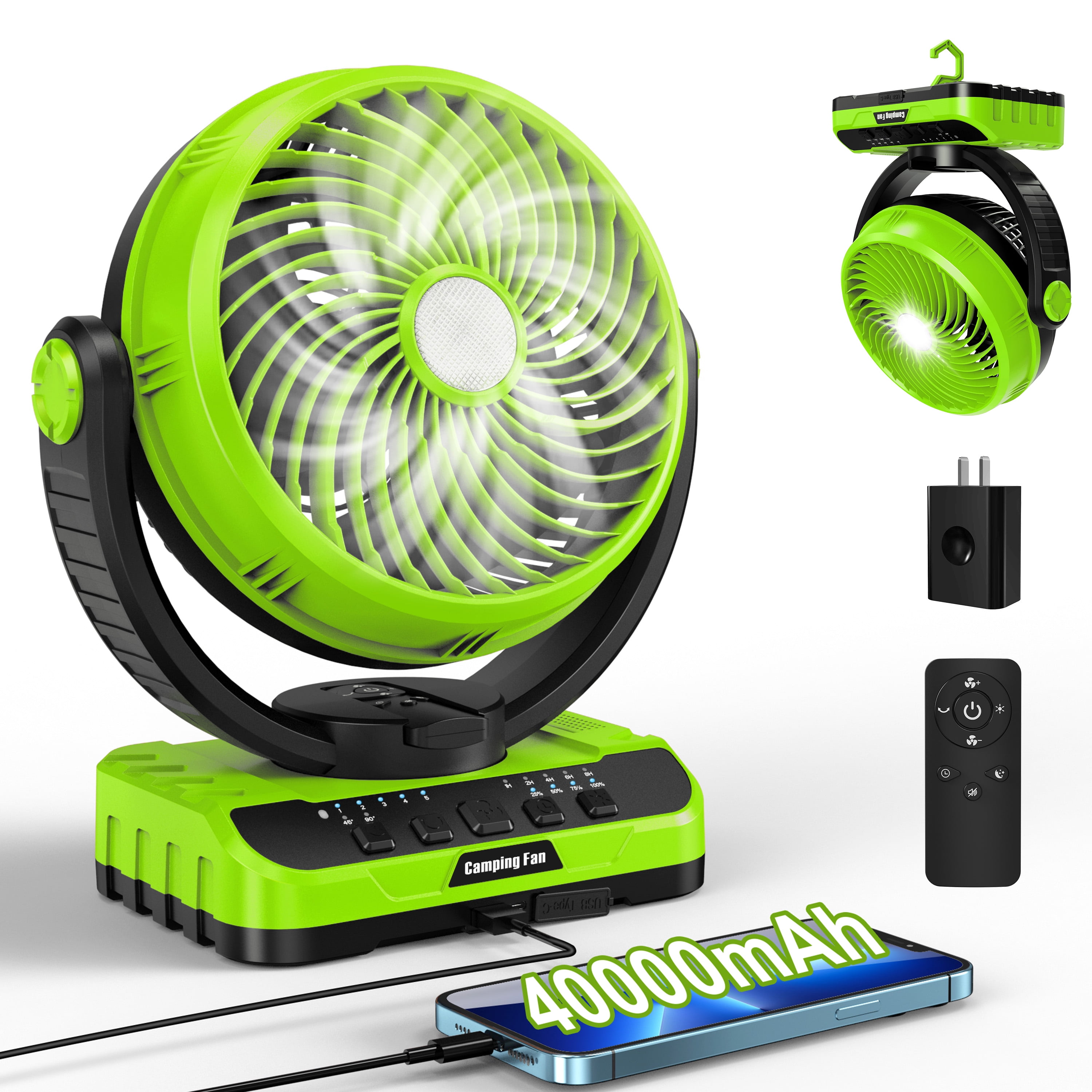 40000mAh Portable Camping Fan with LED Lantern - Rechargeable USB ...