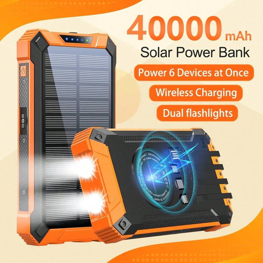 40000mAh Solar Mobile Power Bank Wireless Charger Built-In 4 Cables Six ...
