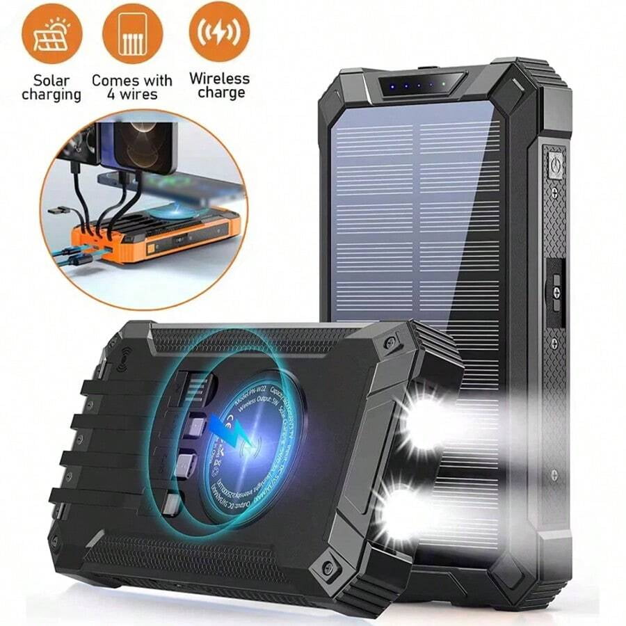 40000mAh Solar Mobile Power Bank Wireless Charger Built-In 4 Cables Six ...