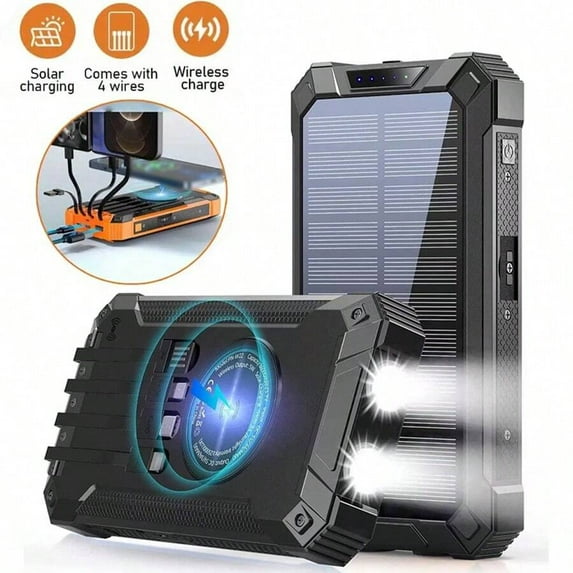 40000mAh Solar Mobile Power Bank Wireless Charger Built-In 4 Cables Six ...