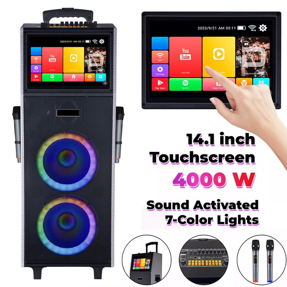 4000W Dual 10" Woofers Rechargeable Karaoke Box Machine Bluetooth ...