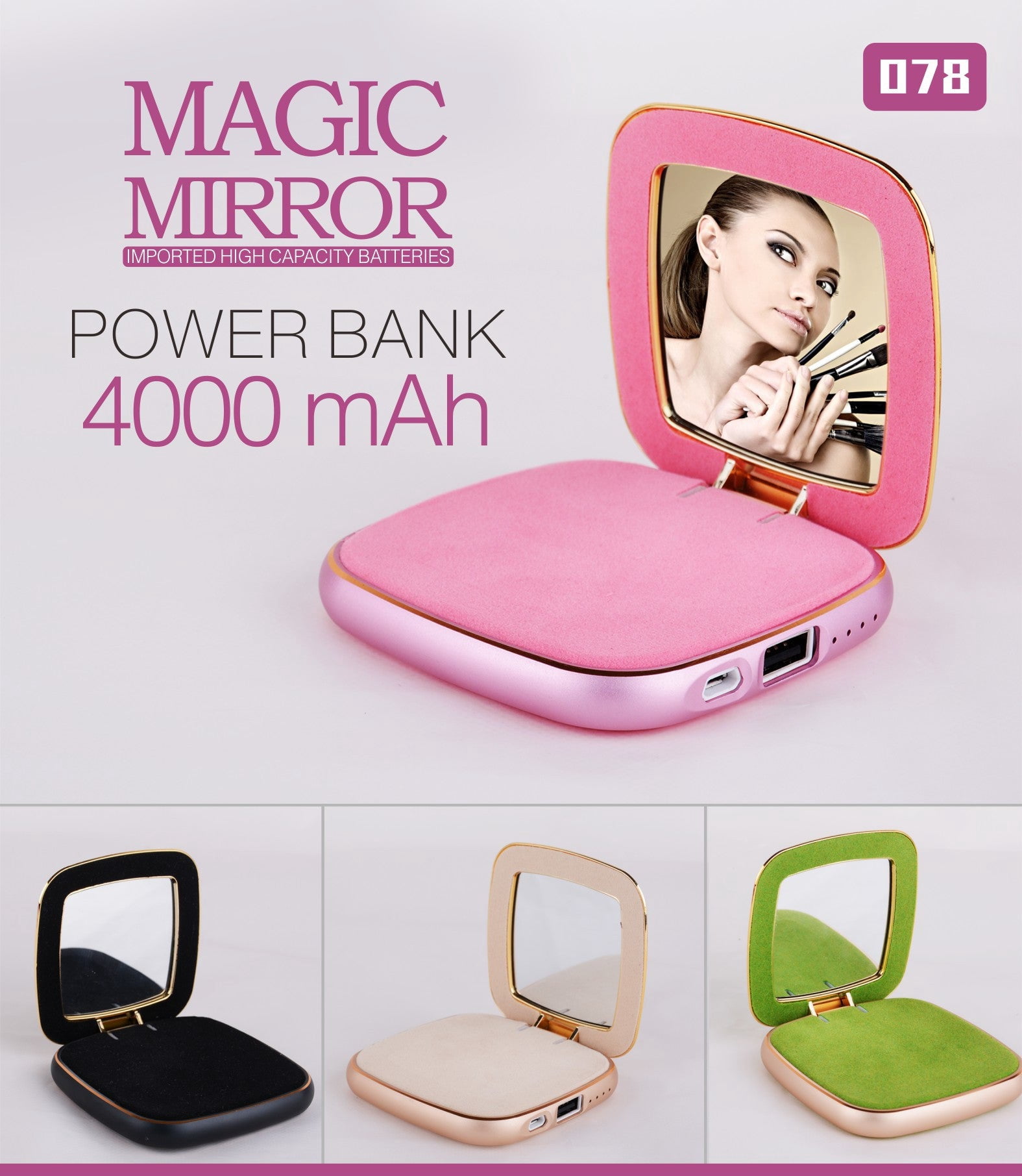4000mAh Portable Charger Compact External Battery Built-in Mirror Power ...