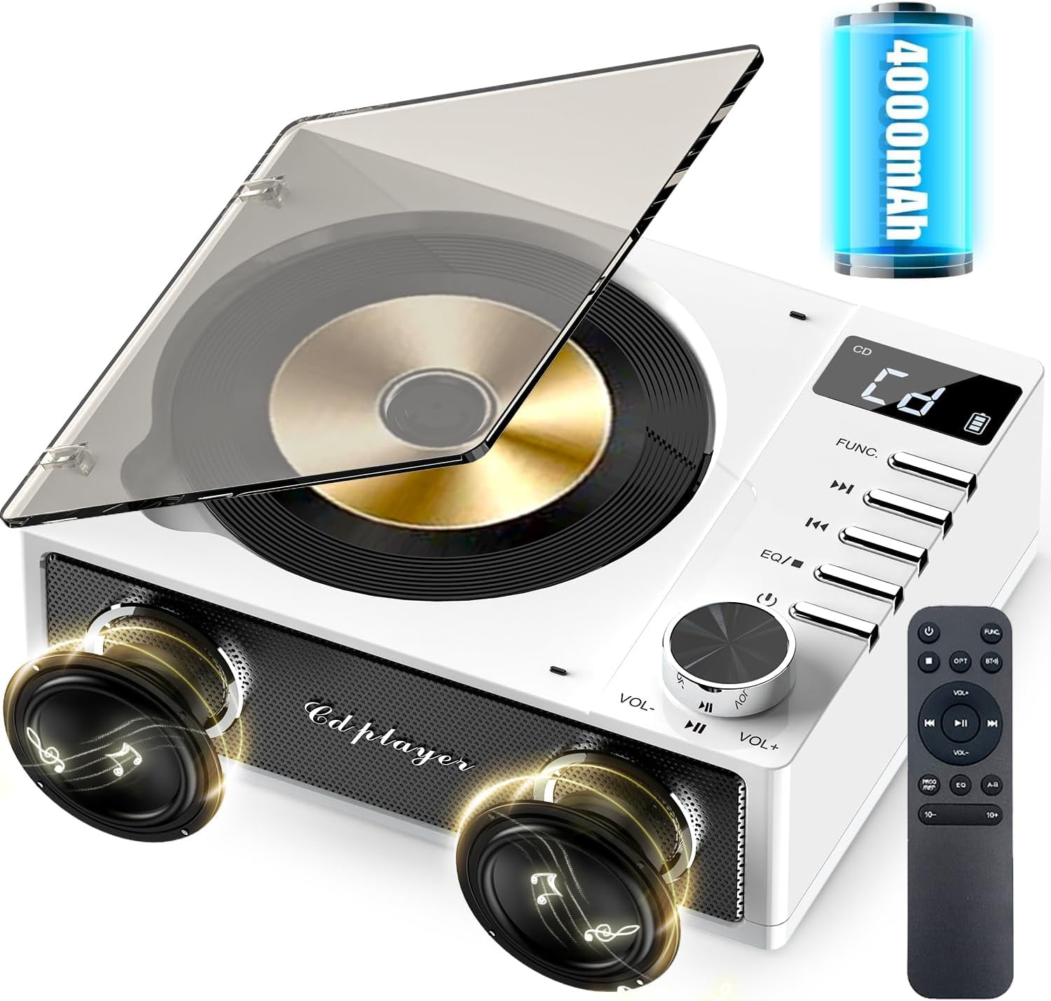 4000mAh Rechargeable CD Player with Bluetooth CD Player Wtih Dual Big ...