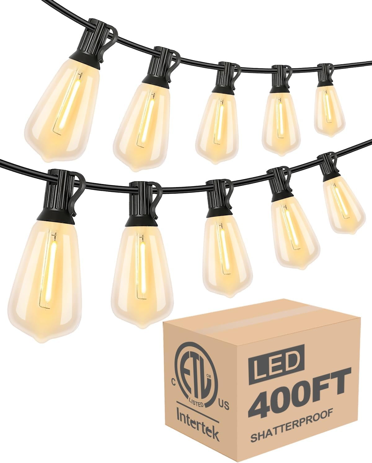 400FT Outdoor String Lights, LED Bistro String Lights with Shatterproof ST38 Bulbs, 2200K ...