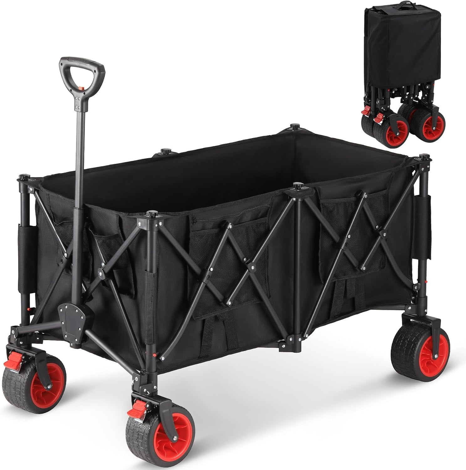 400LBS Collapsible Wagon with Wheels, Foldable Shopping Cart with ...