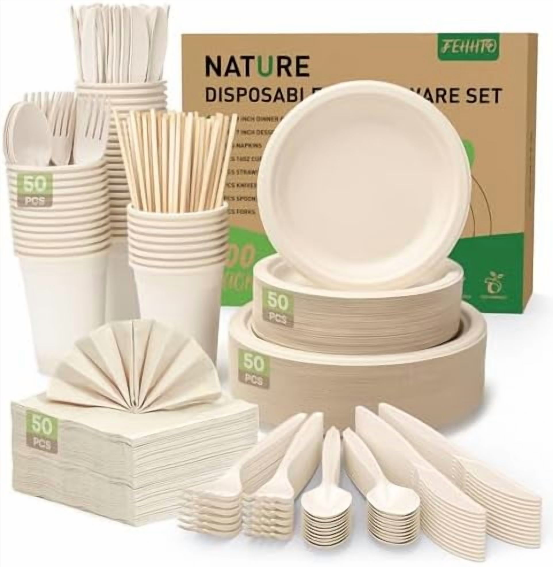 400PCS Disposable Paper Plates Set, Compostable Eco-friendly Dinnerware ...