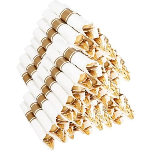 400PCS Pre Rolled Gold Plastic Silverware Sets - Heavy Duty Hammered ...