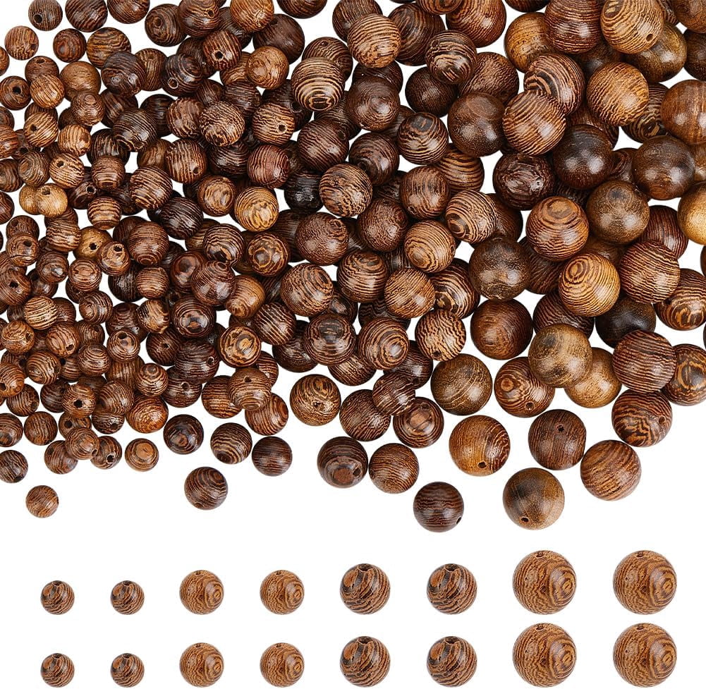 400Pcs 4 Styles Wenge Wood Beads Round Saddle Brown 6~12mm Hole: 1.5~1 ...