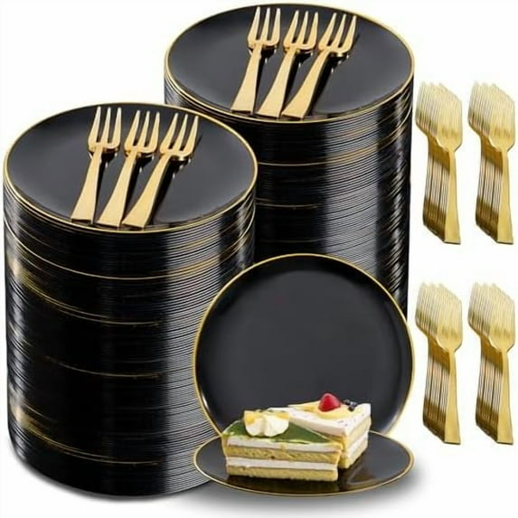 400Pcs Black Gold Dessert Plates 6.3" with Forks 5"- 200PCS Small ...