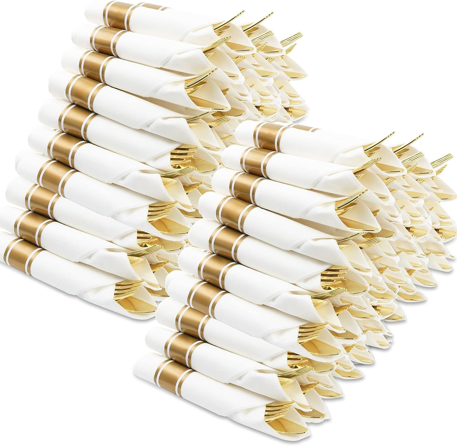 400Pcs Pre Rolled Napkin and Cutlery Set, Gold Plastic Flatware Sets ...