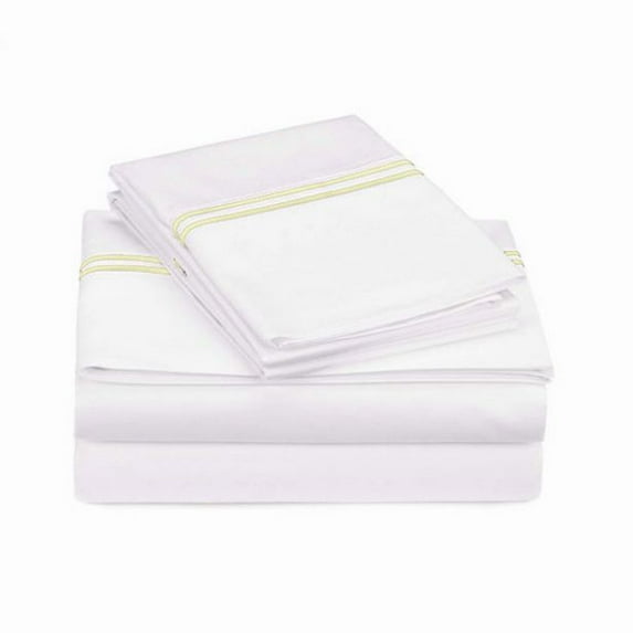 400TC Double Line Embroidery Sateen Solid Cotton Queen Sheet Set, Ivory ...