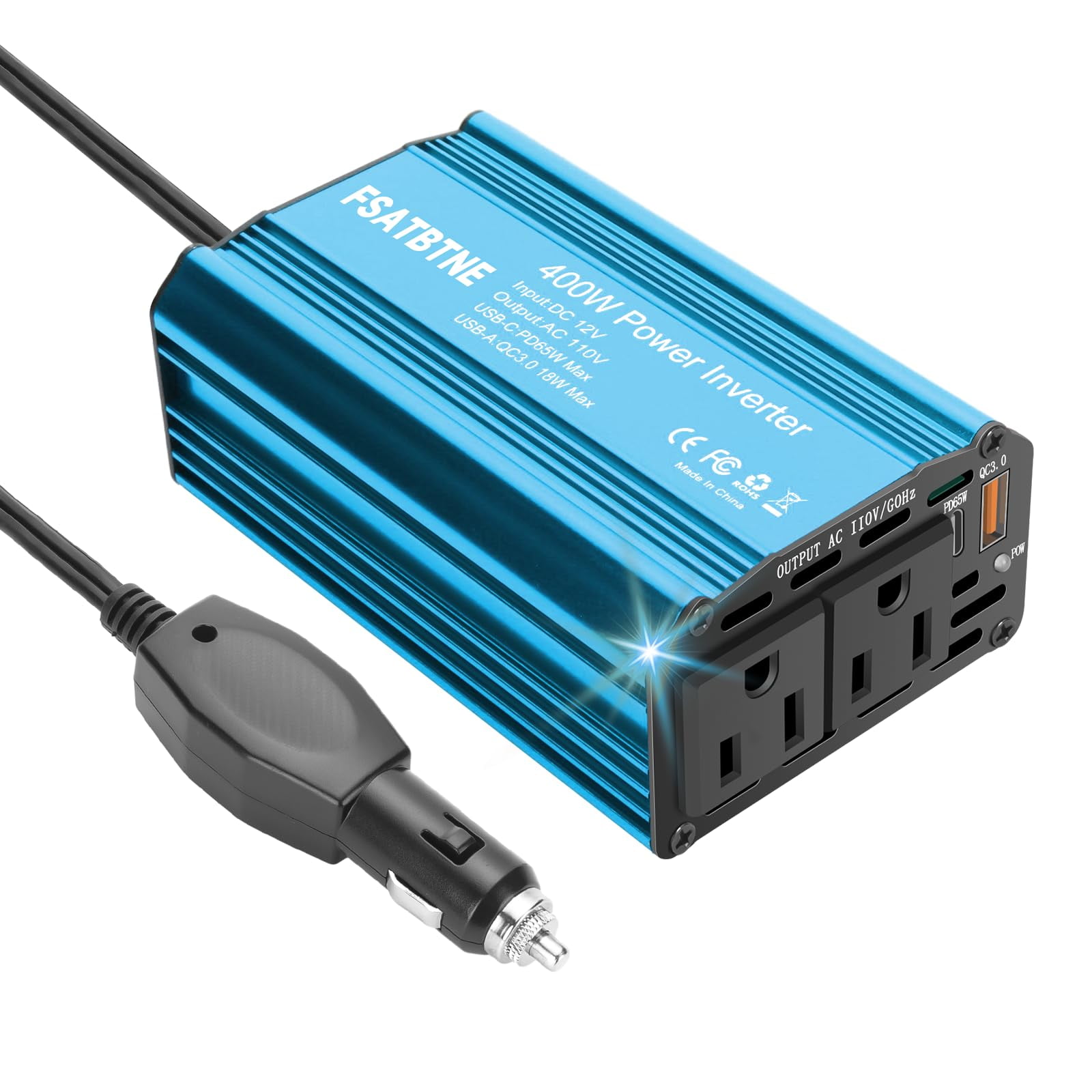 400W Power Inverter, FSATBTNE DC 12V to 110V AC Car Plug Adapter Outlet ...