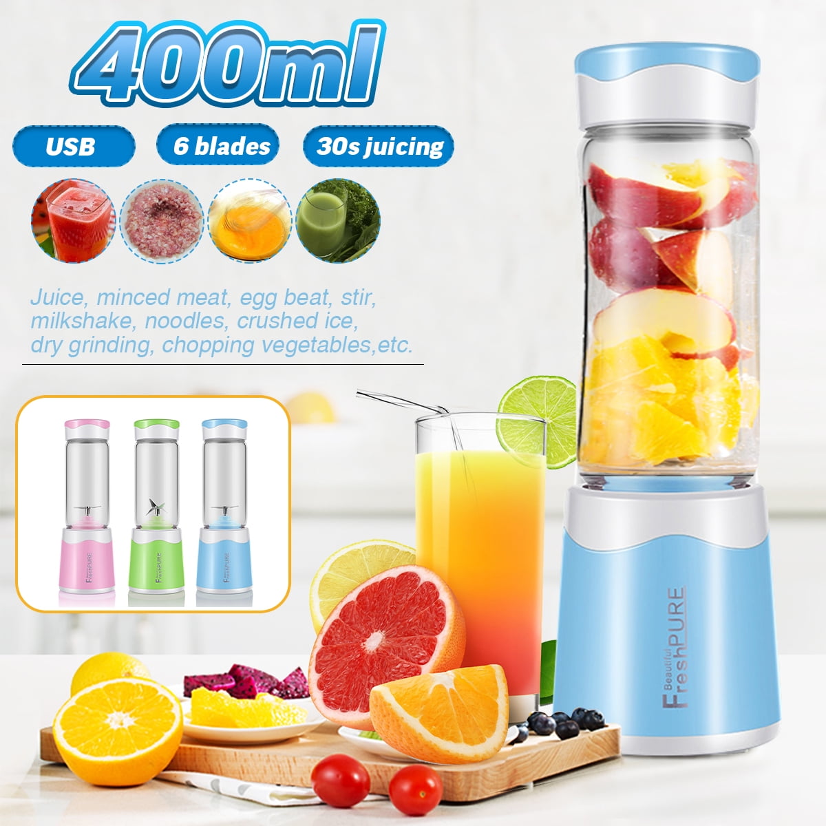 400ml Multi-Function 6 Blades USB Electric Fruit Juicer Smoothie Maker ...