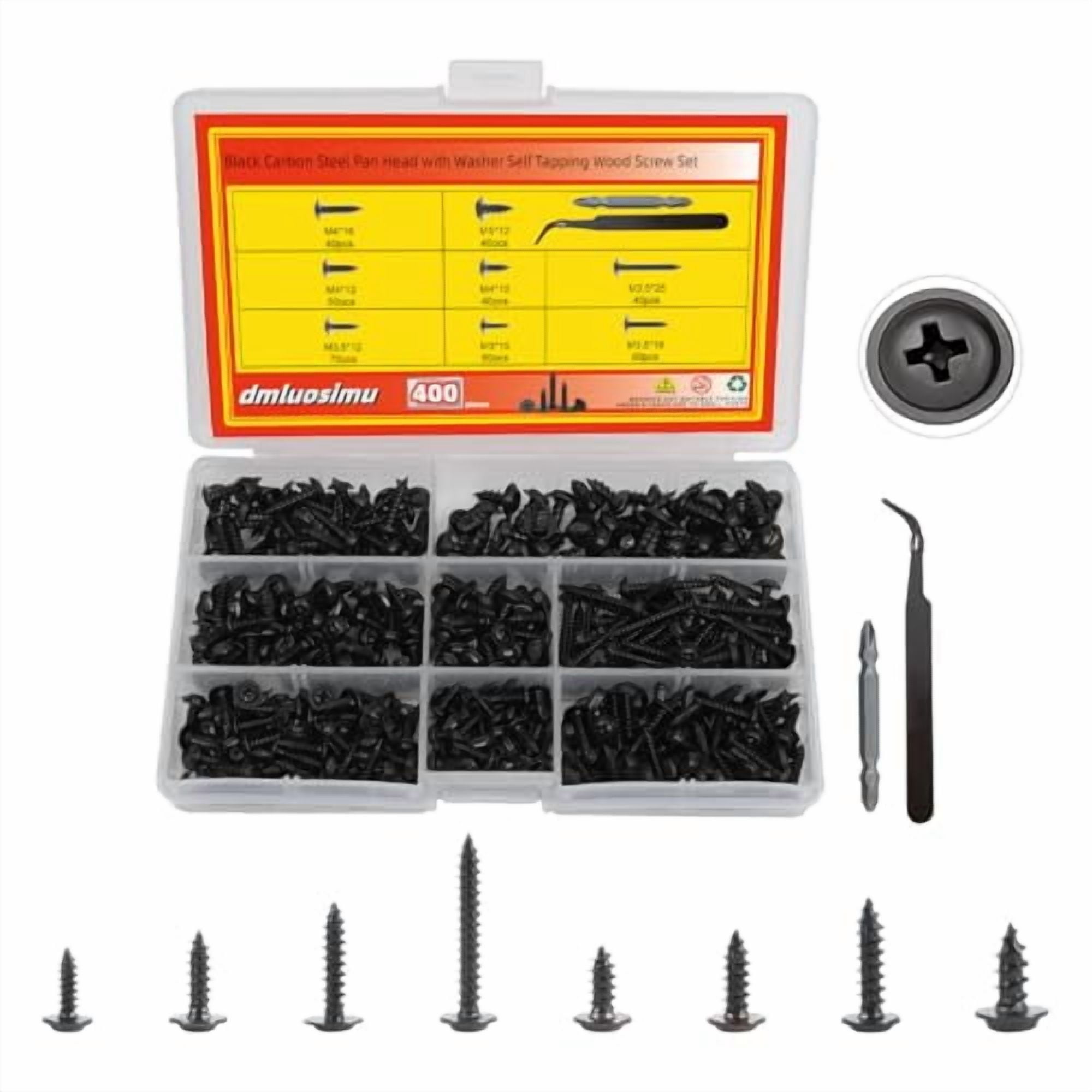 400pcs Black Carbon Steel Self Tapping Screws Assortment Kit - M3 M3.5 ...