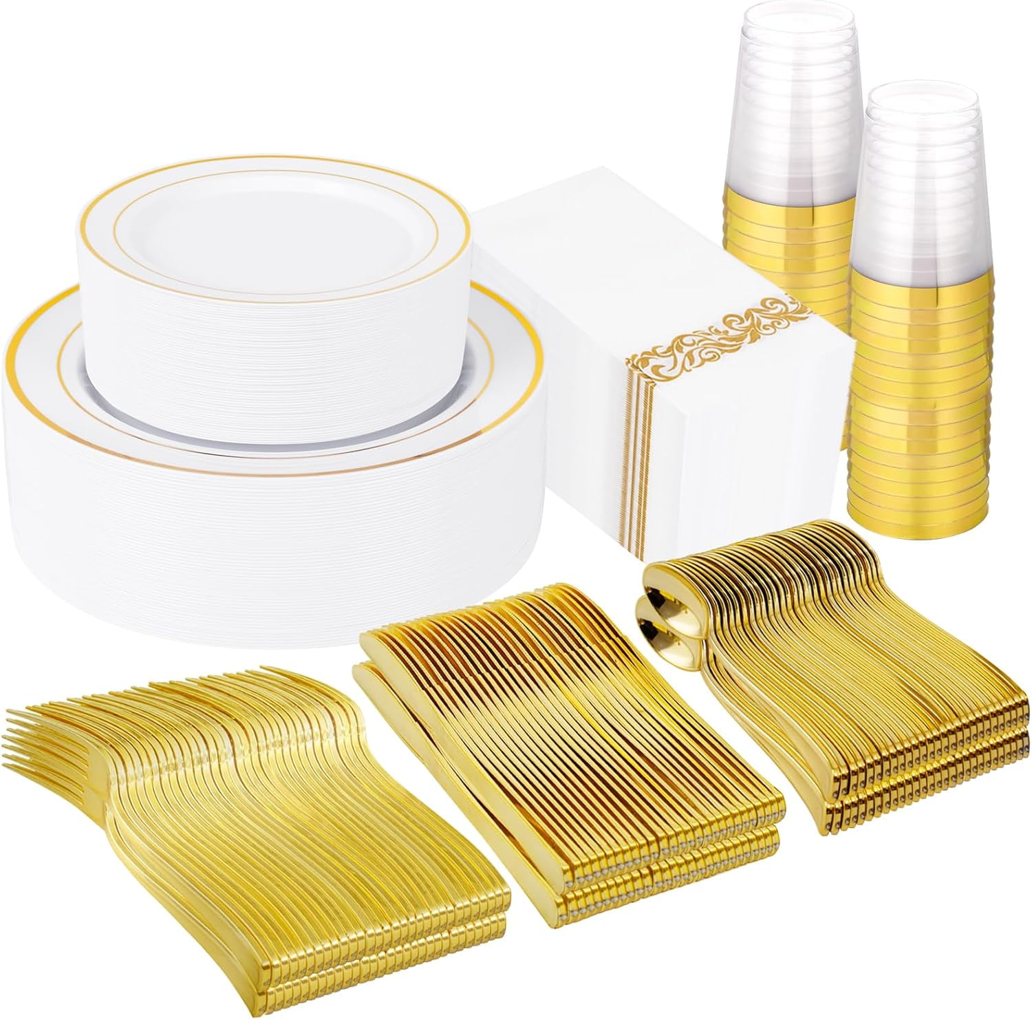 400pcs Gold Plastic Dinnerware Set for 50 Guests-Gold Plastic Plates ...