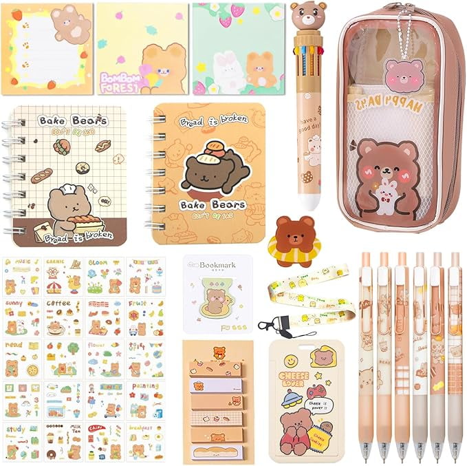 406Pcs Cute Bear Stationery Set, Kawaii School Office Supplies Includes Fun Pencil Case Gel Ink ...