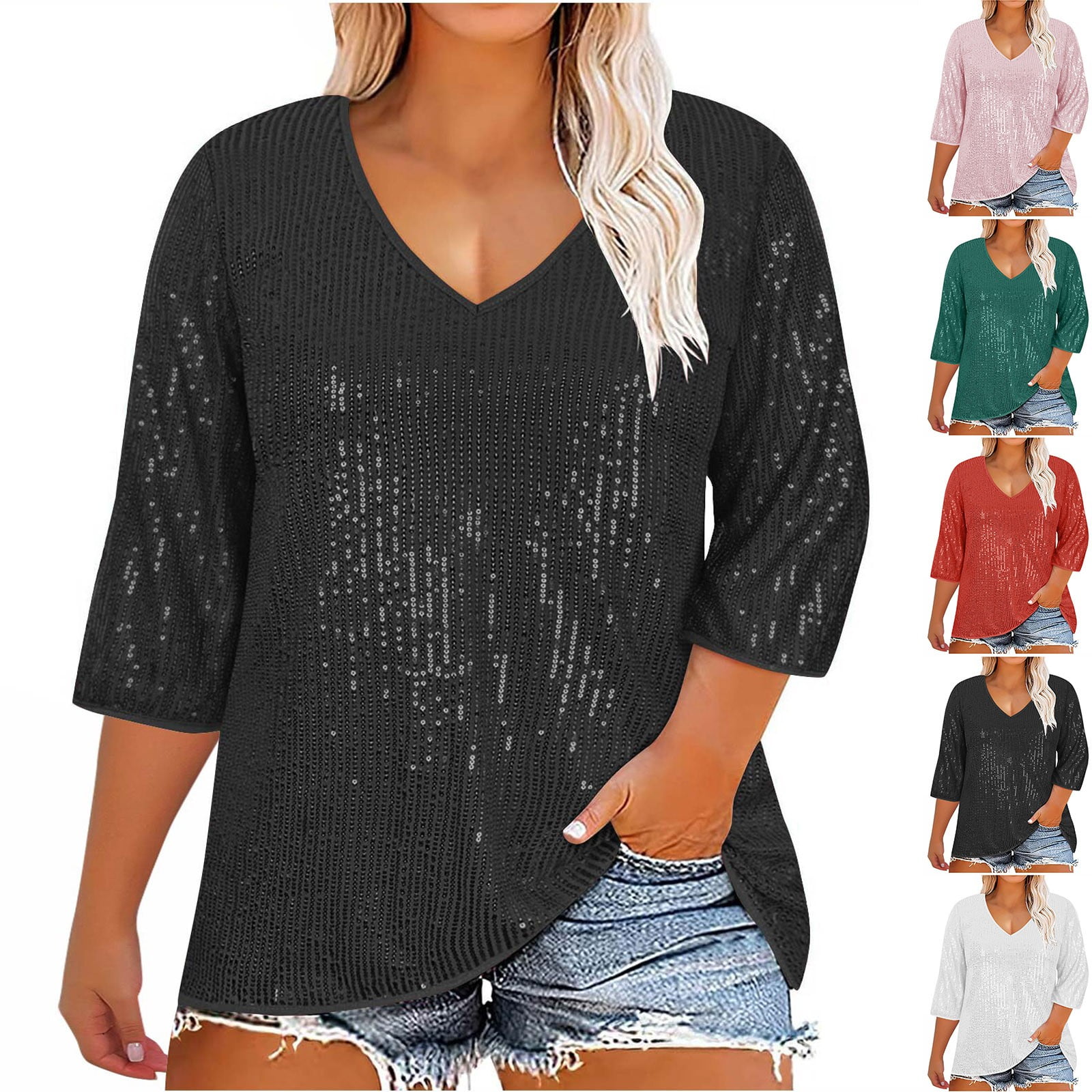 Feancey Lighting Deals Plus Size Glitter Tops for Women Sequin 3/4 ...