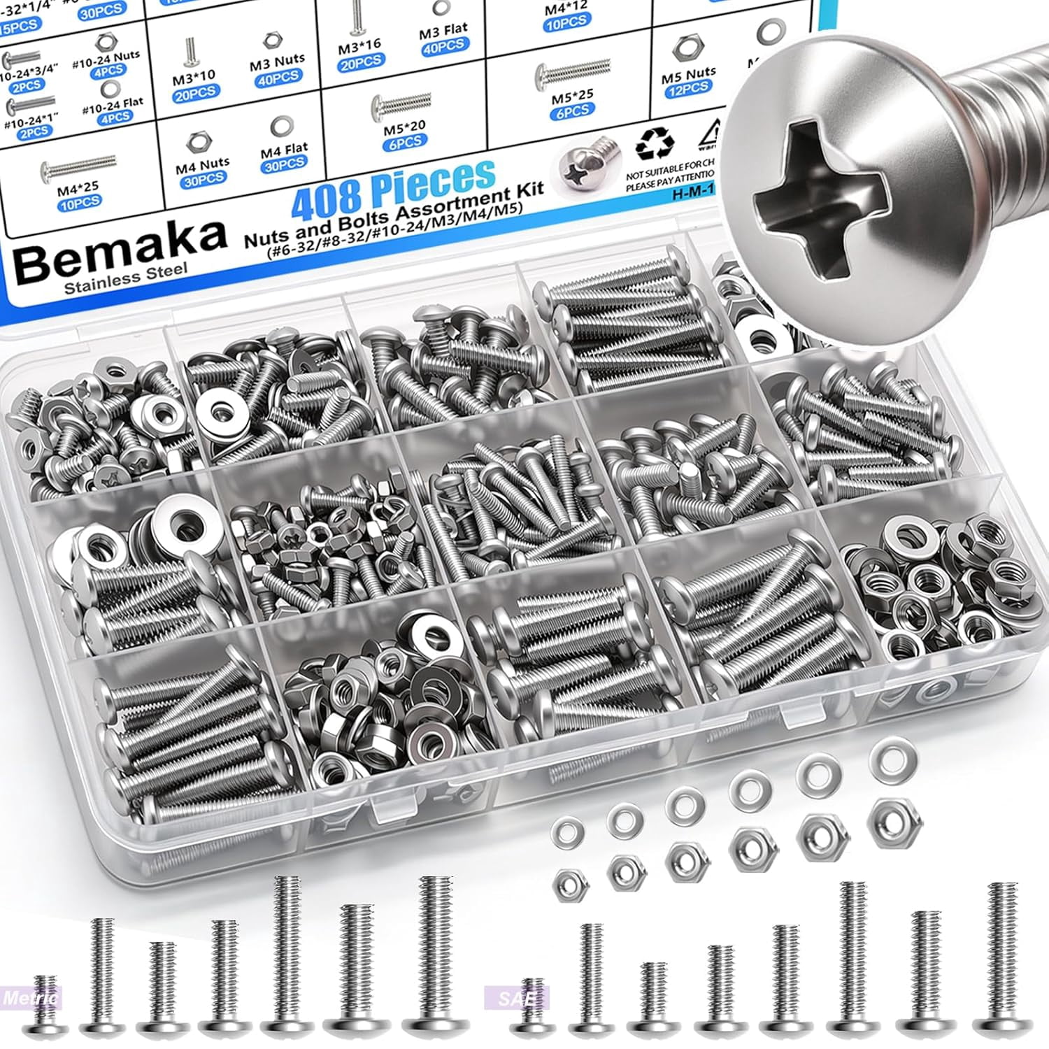 408PCS Machine Screws Nuts and Bolts Assortment Kit, 304 Stainless ...