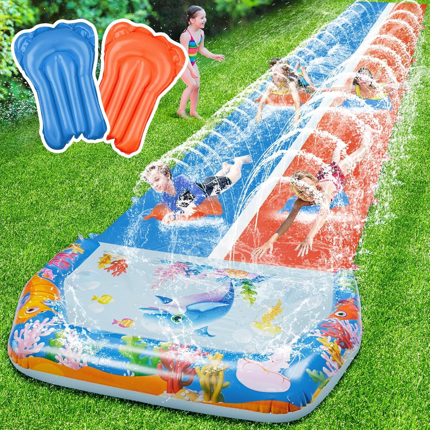 40FT Double Lane Water Slide with Bodyboards for Kids & Adults, Heavy ...