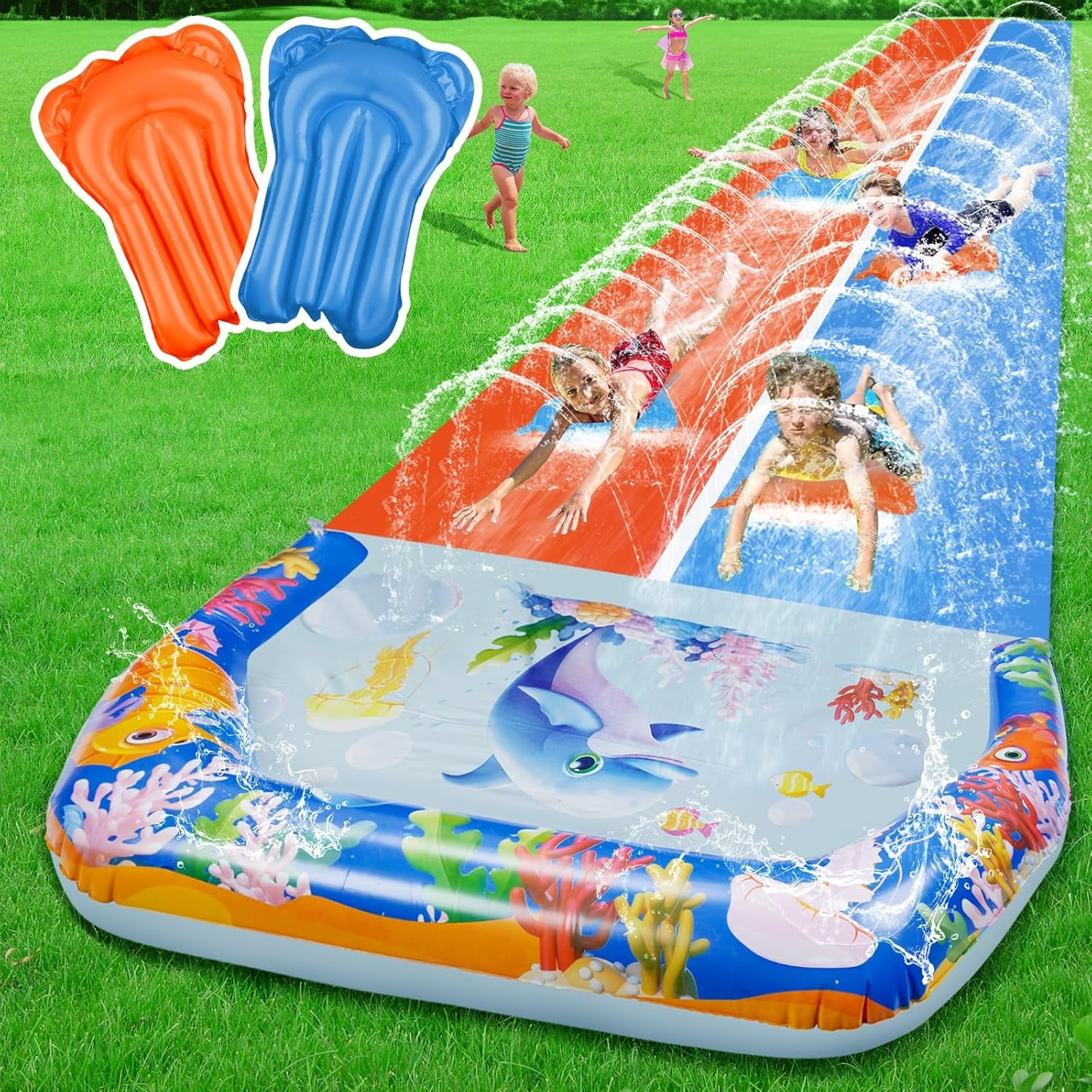 40FT Slip Double Water Slides with 2 Bodyboards, Extra Long Lawn Water ...