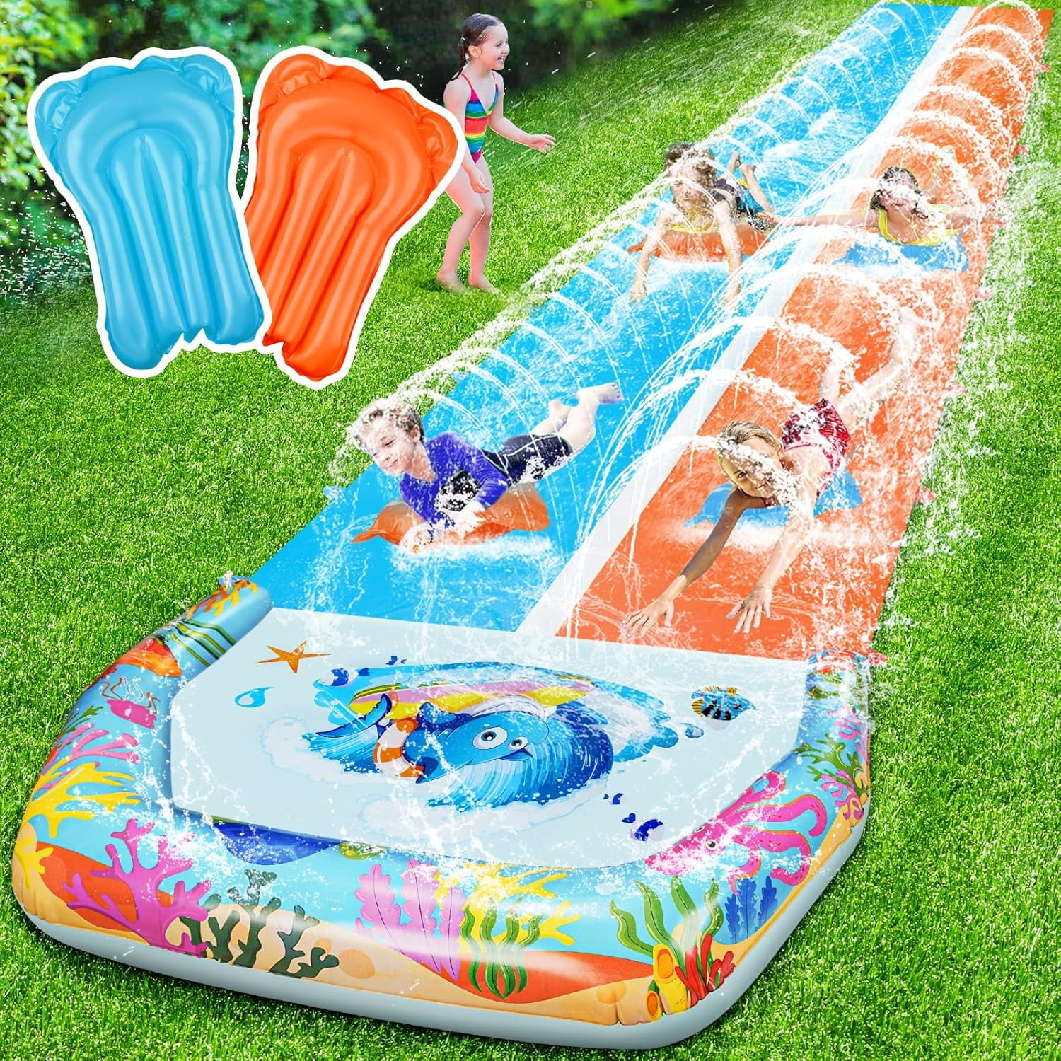 40FT Slip Double Water Slides with 2 Bodyboards, Extra Long Lawn Water ...
