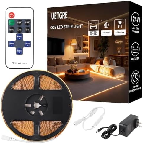 40Ft COB LED Strip Lights, Warm White 3000K Dimmable LED Light Strip ...