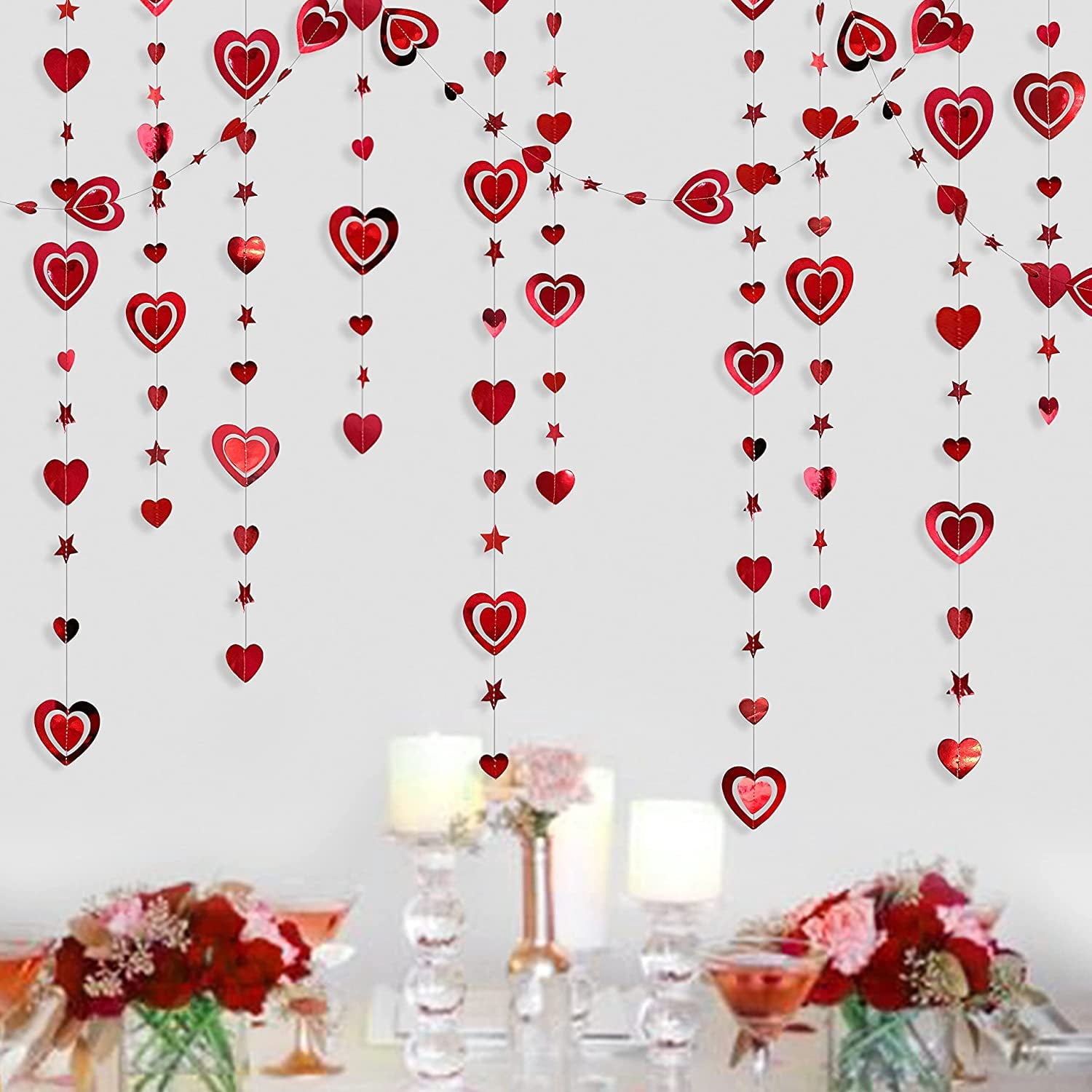 40Ft Red Heart Star Garlands, Double Sided Metallic Paper 3D Hanging ...