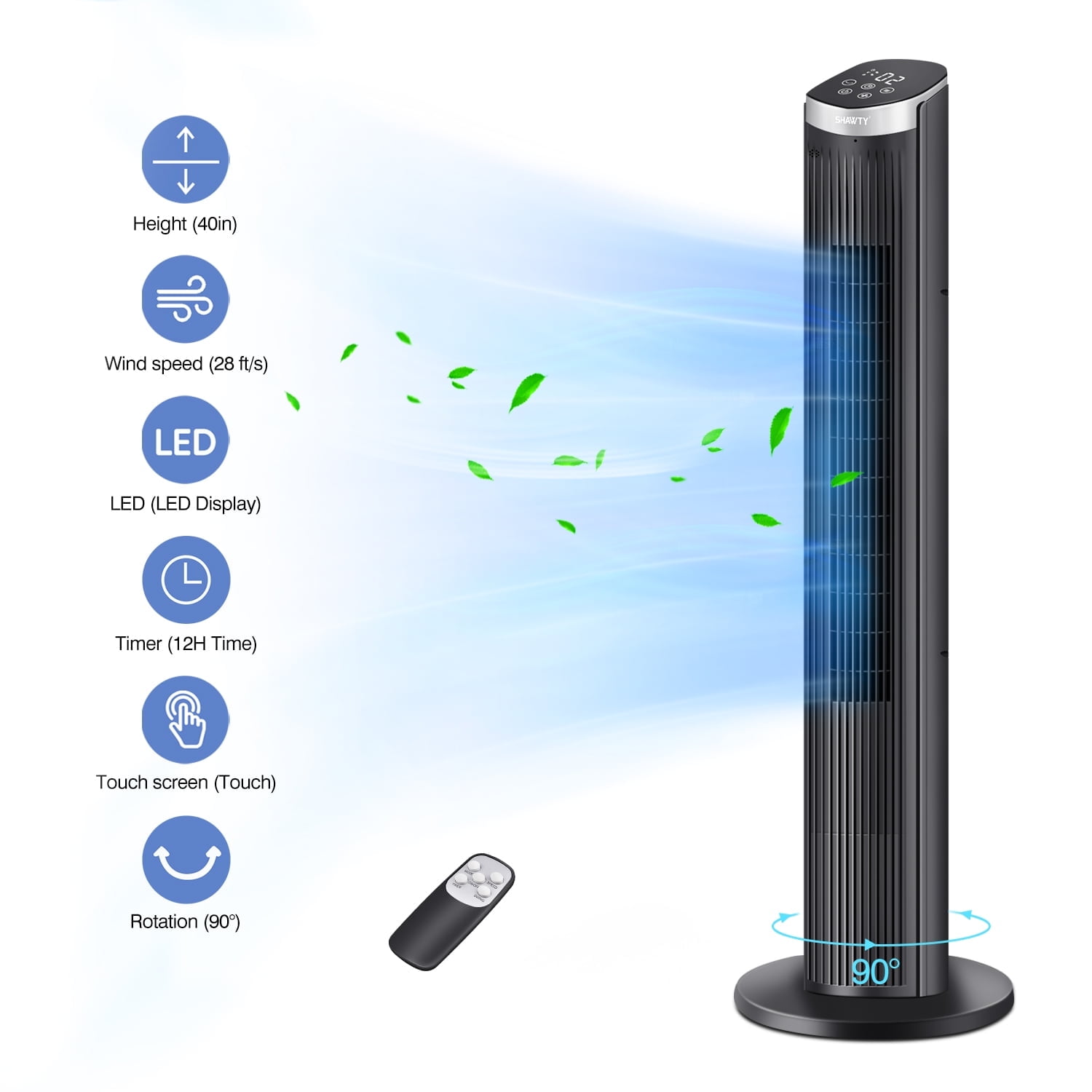 40Inch Tower Fans for Home, LED Display with Remote, 90° Oscillating ...