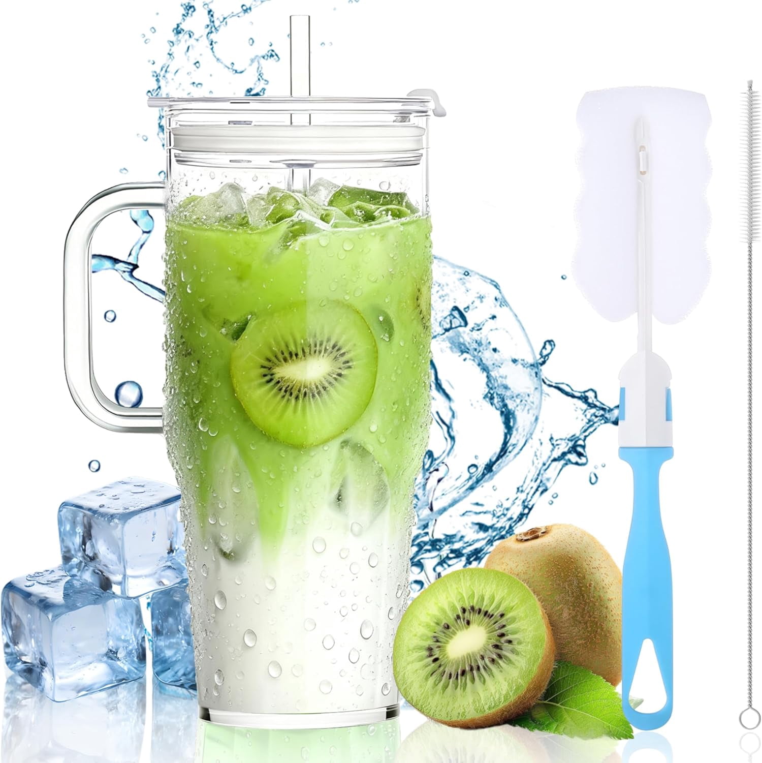 40OZ Borosilicate Glass Tumbler with Handle,Glass Cup with Lid and ...