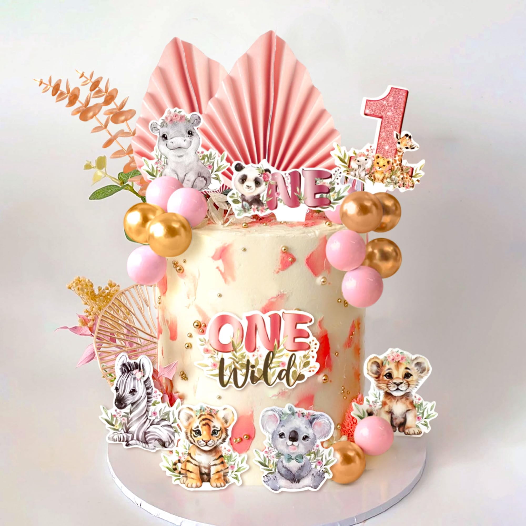 40PCS Girl Safari TWE5 Baby Shower Cake Decorations Girl Wild One Cake ...