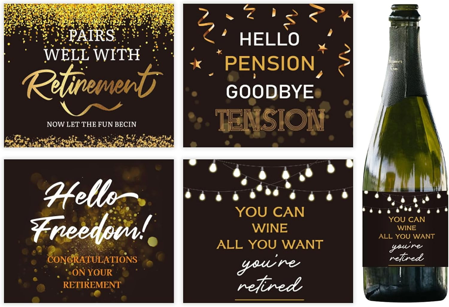 40PCS Happy Retirement Wine Bottle Label Stickers Black Gold Coated ...