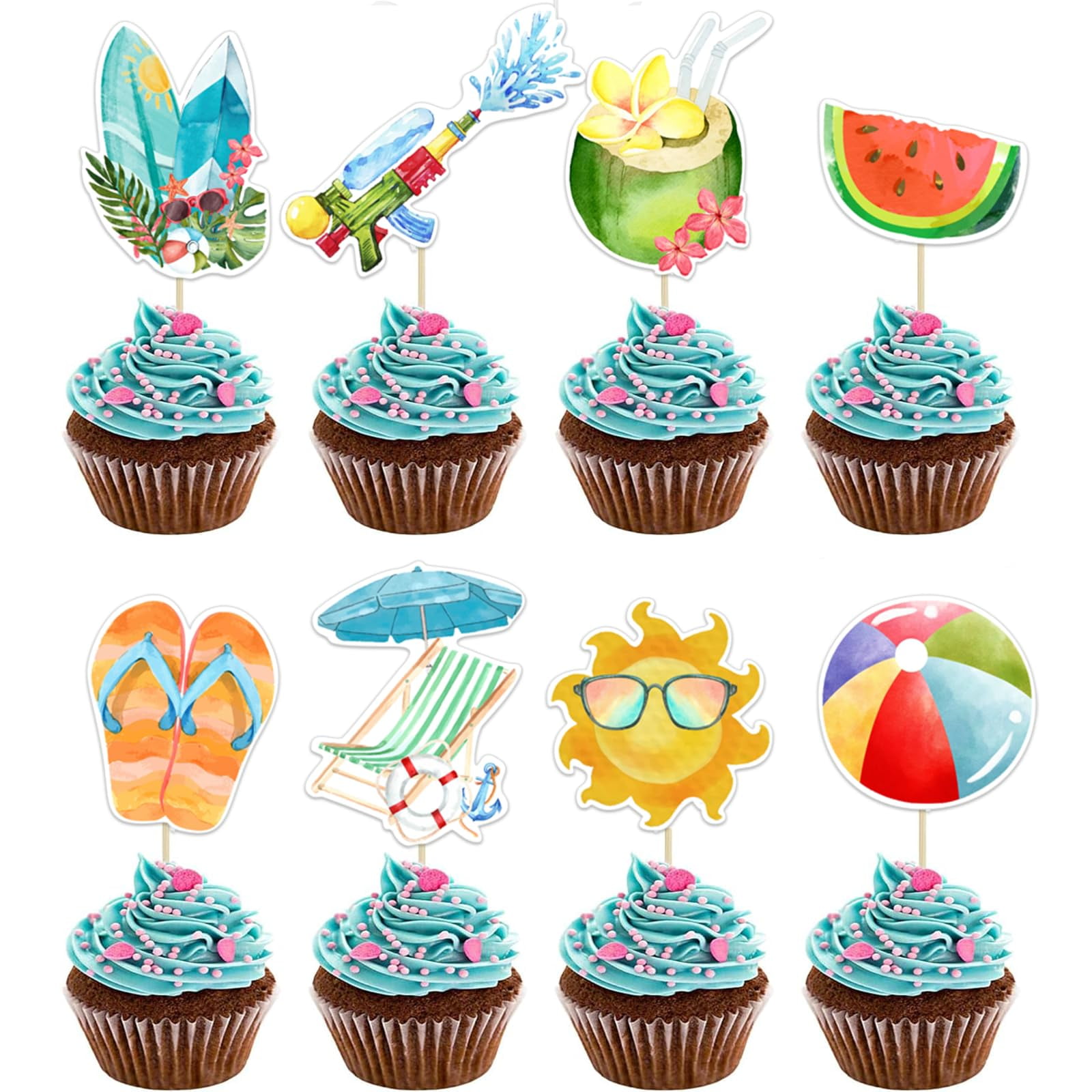 40PCS Summer Beach TWE5 Cupcake Toppers Pool Party Hawaiian Cake Picks ...