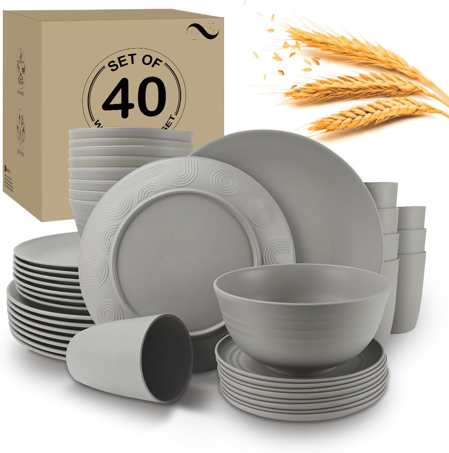 40Pack plates and bowls sets for kitchen - Unbreakable wheat straw ...