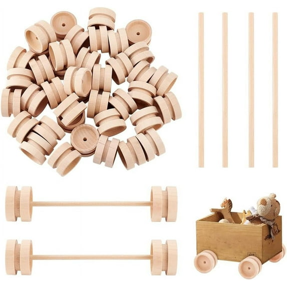 40Pcs 1.5x1 Inch Wooden Craft Wheels with 20Pcs 5.9 Inch Wooden Sticks ...