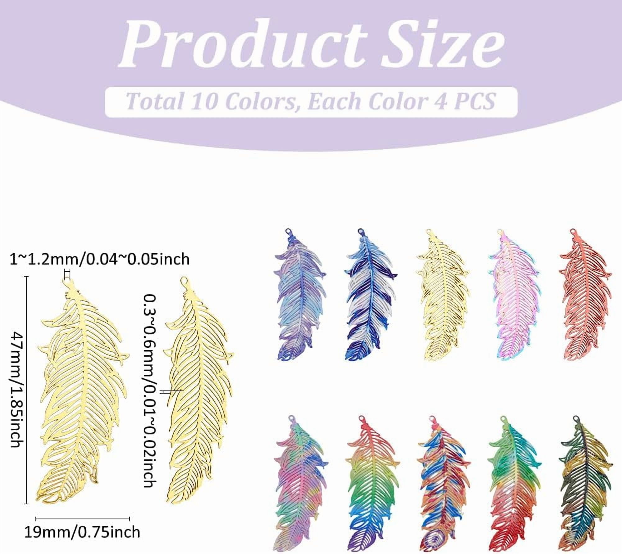 40Pcs 10 Colors Filigree Feather Charms Stainless Steel Etched ...