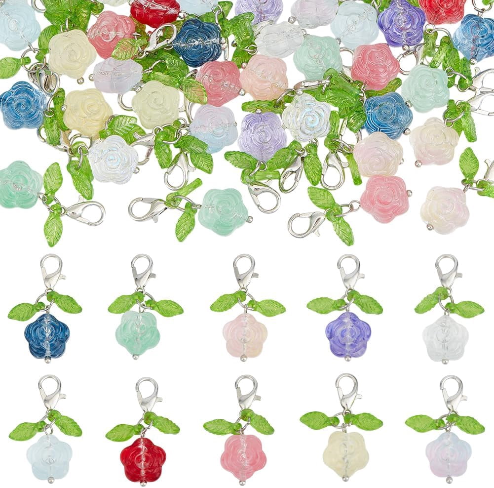 40Pcs 10 Colors Rose Glass Pendant Decoration with Alloy Lobster Claw ...