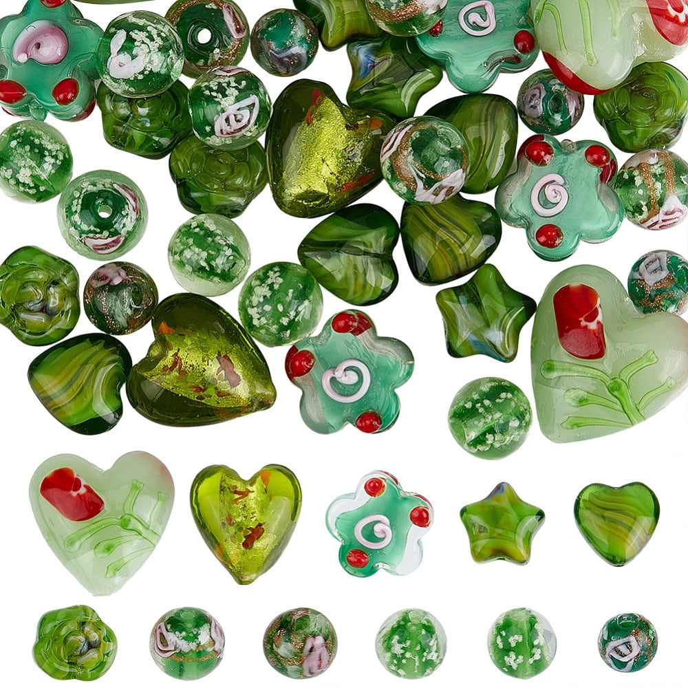 40Pcs 10 Styles Mixed Styles Handmade Lampwork Beads Mixed Shapes Green ...