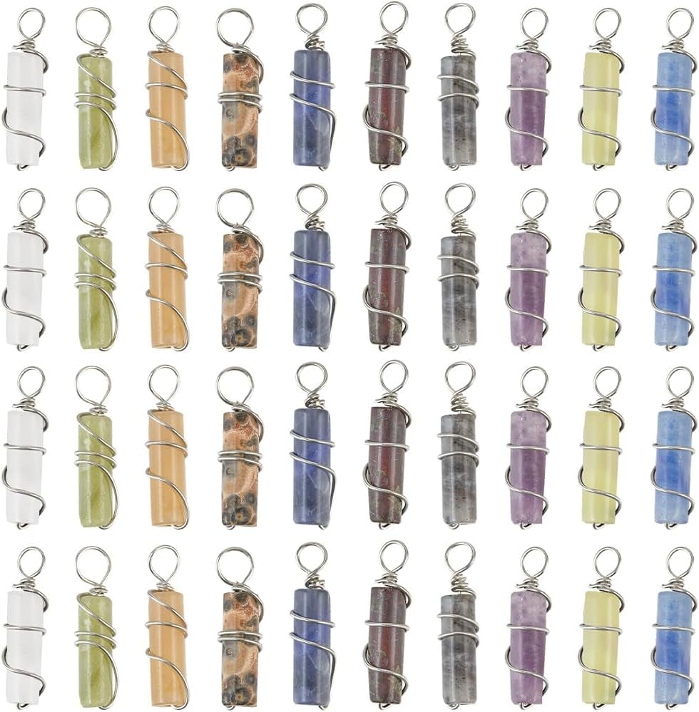 40Pcs 10 Styles Natural Mixed Gemstone Pendants Column Charms with Eco ...
