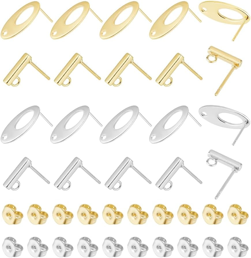 40Pcs 2 Styles 2 Colors Rectangle Stud Earring with Loop Oval Stainless ...